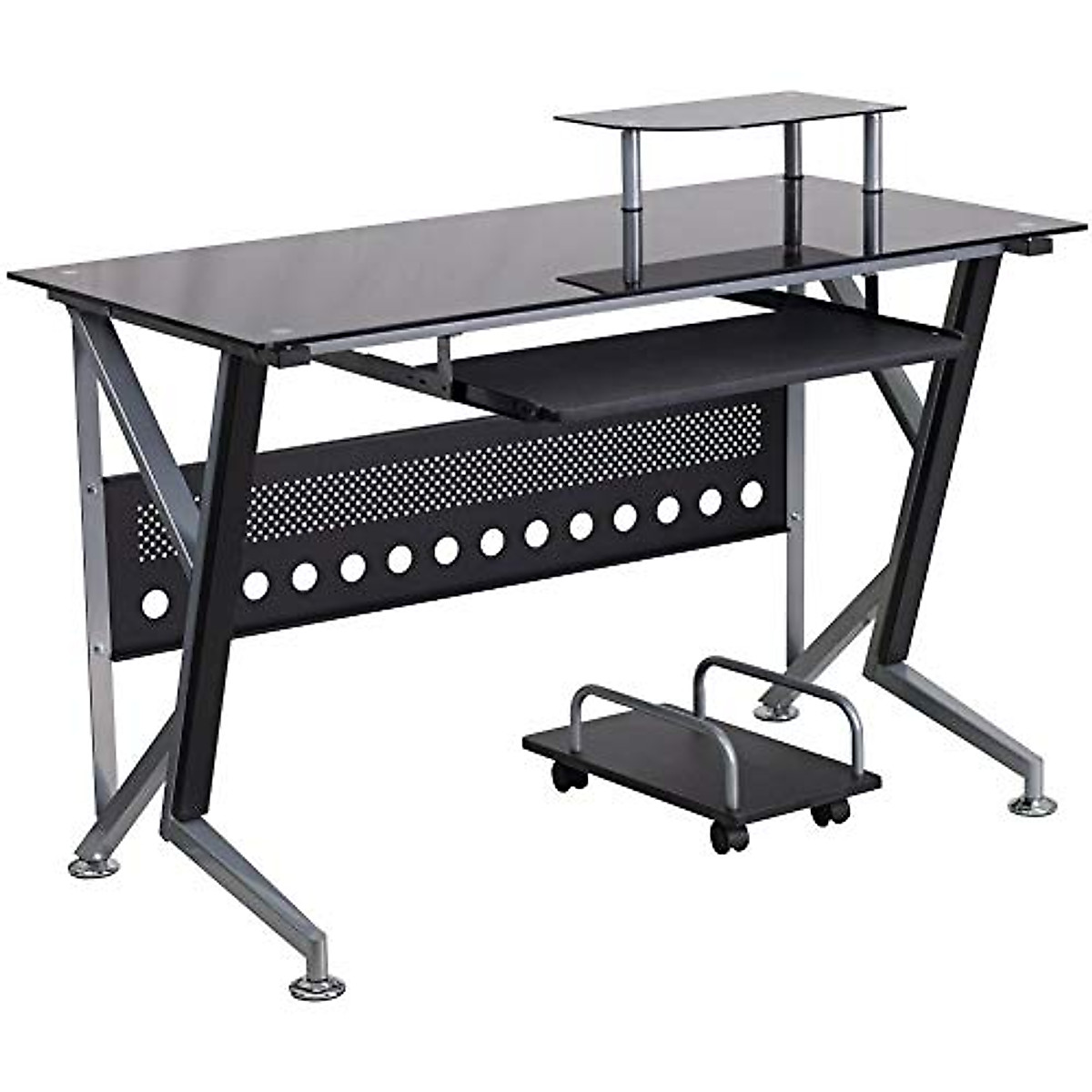 Flash Furniture Singleton Black Glass Computer Desk with Pull-Out Keyboard Tray and CPU Cart
