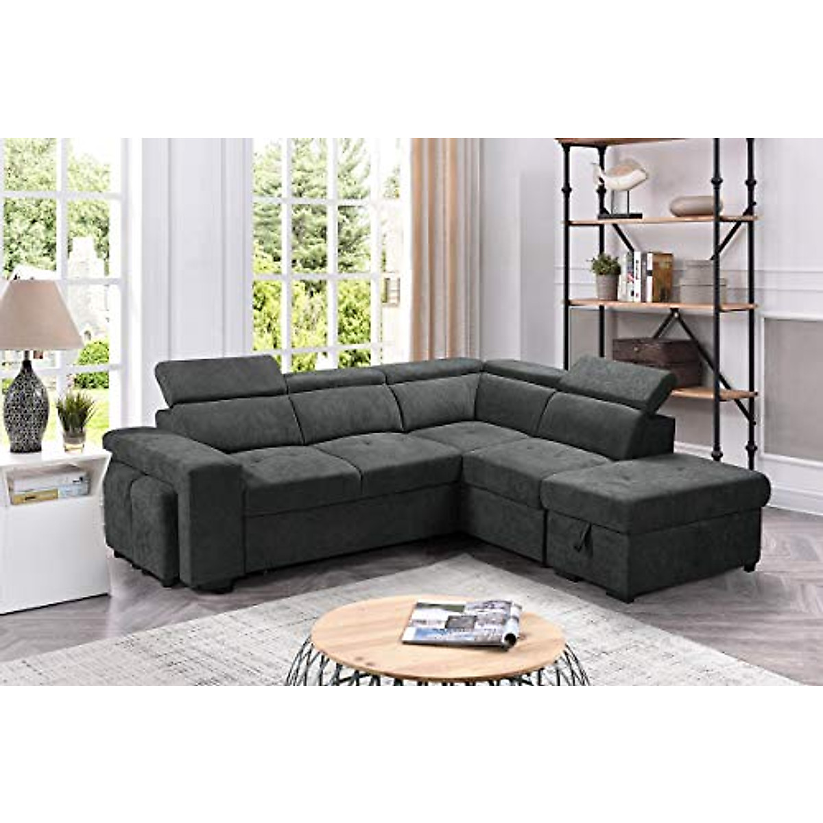 FANYE L-Shaped Oversized Convertible Tufted Sleeper Sectional Sofa with Pull Out Sleeper Couch Bed,Adjustable Headrests, Padded Armrests,Movable Stools and Storage Ottoman for Living Room