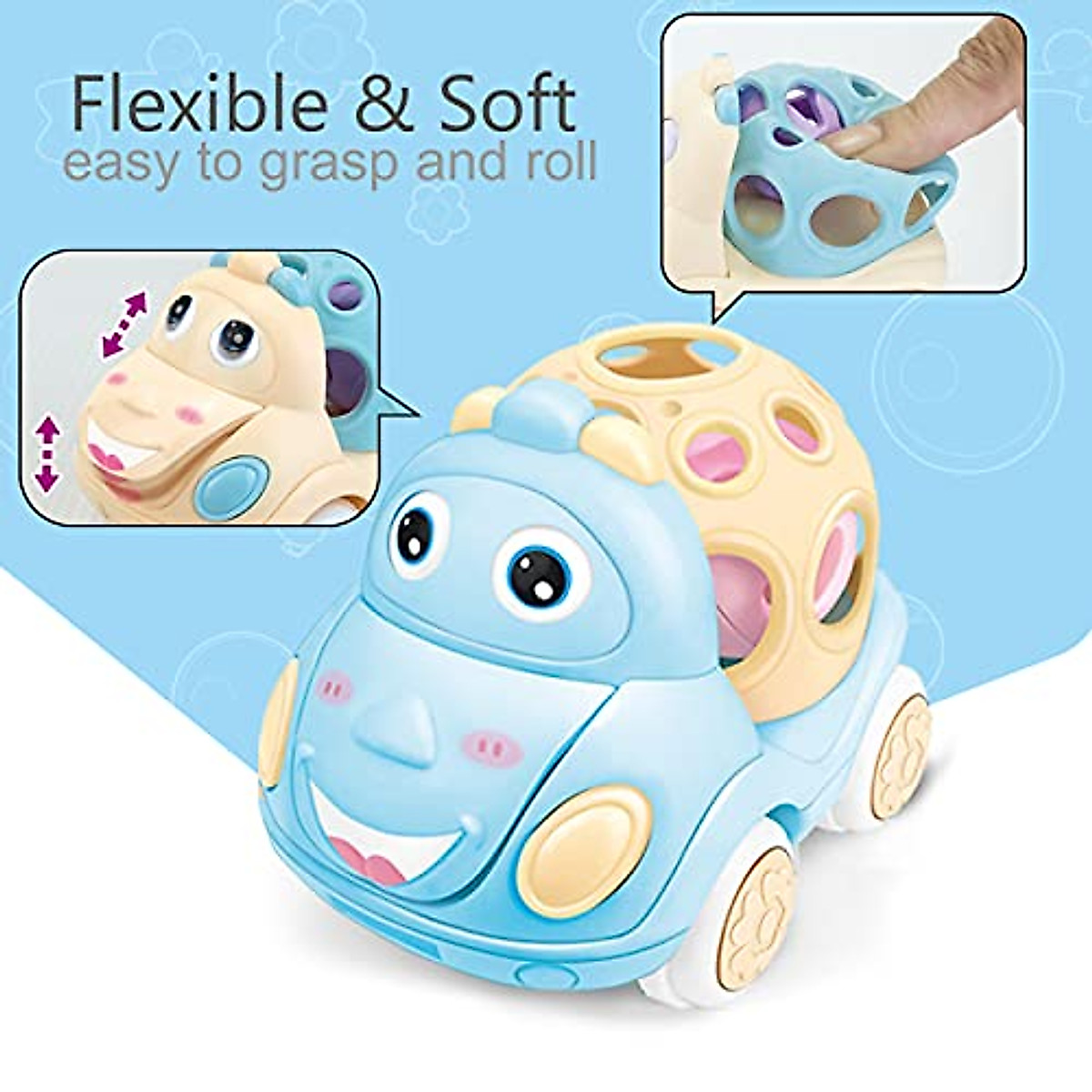 Tepear Baby Girl Rattle Roll Car Push Vehicles Soft Rubber Toy 6 12 Months Infant Boys Walker Toddler, 3pcs Fiction Power Truck Learning Gift for 1 2 3 Year Old Kid