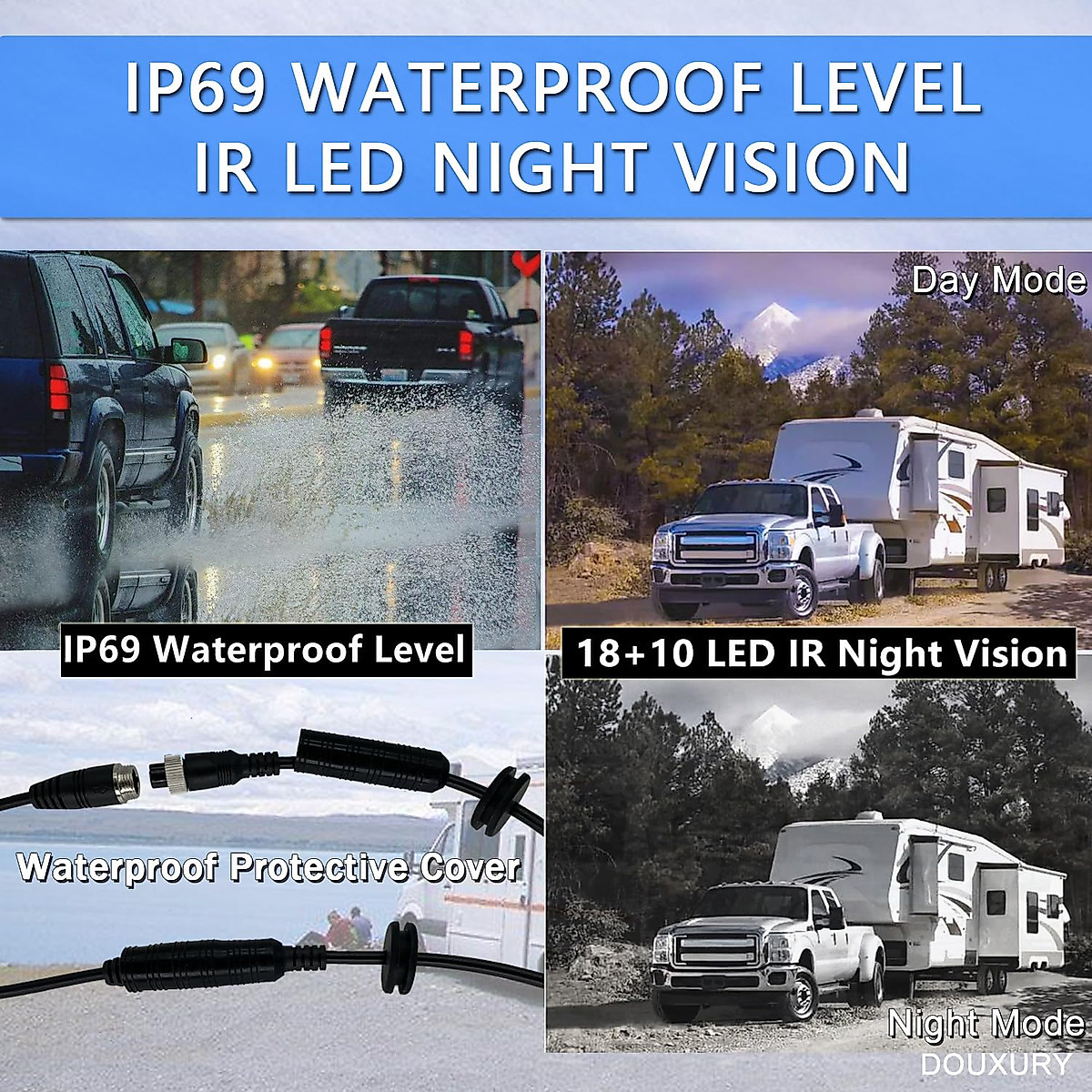 RV Backup Camera System with 7'' Quad Split 1080P Monitor for Truck Trailer Semi Camper Bus & 4 AHD Rear Side View Camera with DVR Record Function IP69 Waterproof Night Vision Avoid Blind Spot DOUXURY