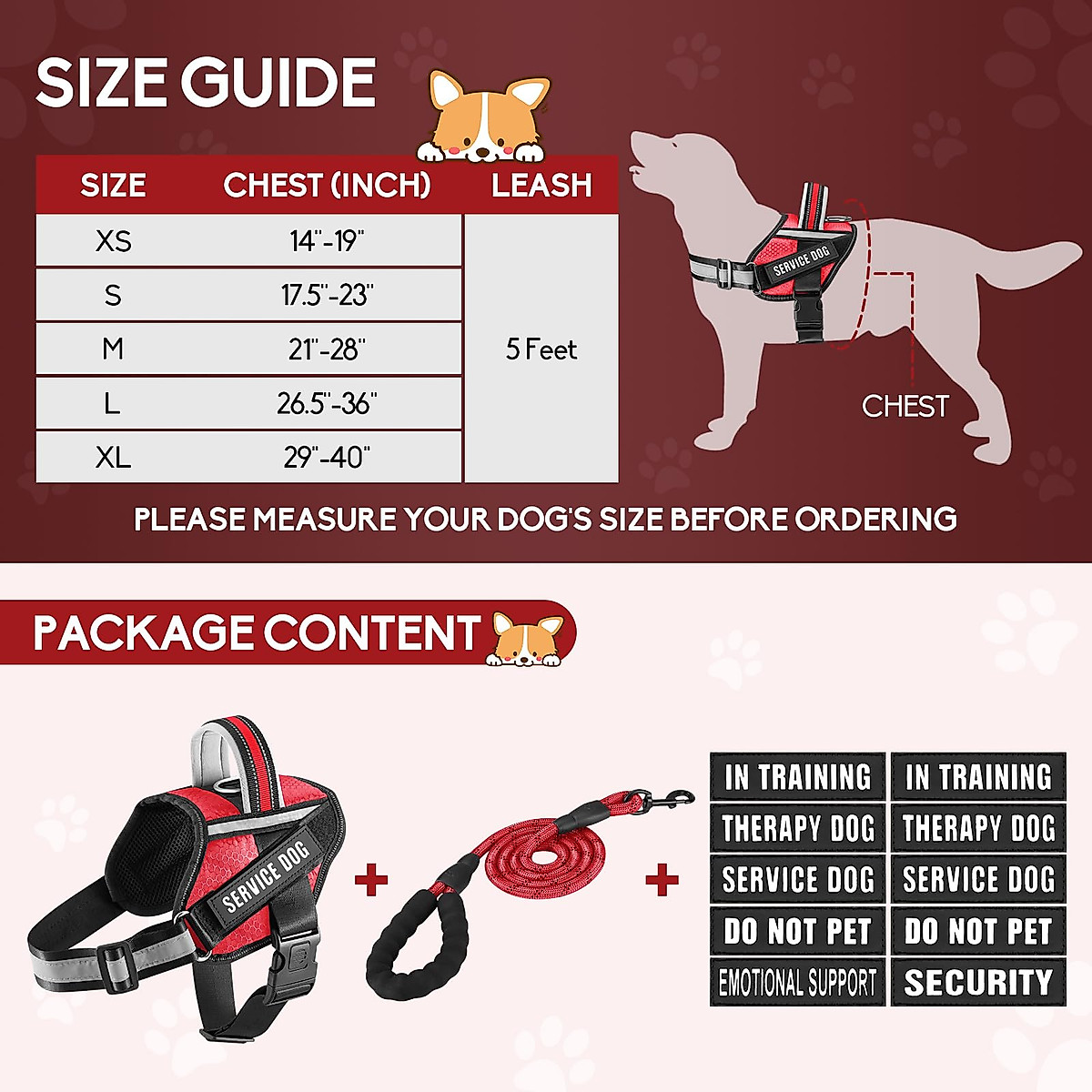 Service Dog Vest Harness and Leash Set, Animire in Training Dog Harness with 10 Dog Patches, Reflective Dog Leash with Soft Padded Handle for Small, Medium, Large, and Extra-Large Dogs (RED,XS)