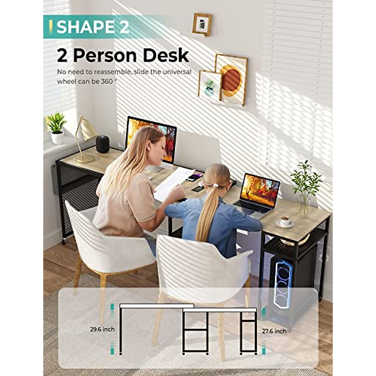 55" L Shaped Computer Desk with Power Outlets for Home Office Desks, Wooden Gaming Desk with Storage Shelves/Bag, Modern Simple Corner Desk for Small Space Student Study Writing L Shaped Desk, Oak