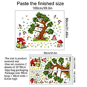 Green Tree Wall Decals Jungle Animals Big Tree Fairy Wall Stickers 3D Realistic Cartoon Mushroom Room Sticker Peel and Stick Art Can Unleash Your Child's Imagination Suitable for Children's Room