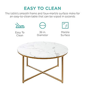 Best Choice Products 36in Faux Marble Accent Table, Modern End Table, Large Coffee Table Home Decor for Living Room, Dining Room, Tea, Coffee w/Metal Frame, Foot Caps, Designer - White/Gold