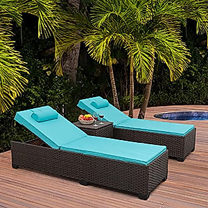 Valita Outdoor PE Wicker Chaise Lounge Set Patio Rattan Adjustable Reclining Lounge Chairs with Cushions and Matching Storage Table, Turquoise