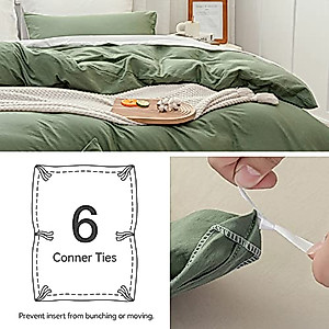 JELLYMONI Green 100% Washed Cotton Duvet Cover Set, 3 Pieces Luxury Soft Bedding Set with Zipper Closure. Solid Color Pattern Duvet Cover Queen Size(No Comforter)