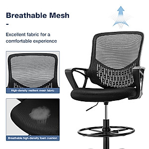 JHK Tall, Standing, Counter Computer, Mid-Back Mesh Office Drafting Chair with Armrests, Height Adjustable Foot Ring for Adults, Black
