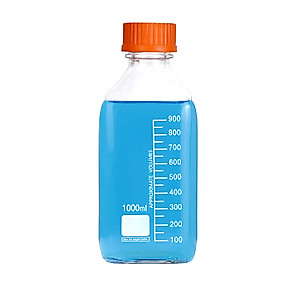 Moonetto 4 Pieces 1000ml Lab Square Graduated Glass Media Storage Bottle with GL45 Polypropylene Orange Cap