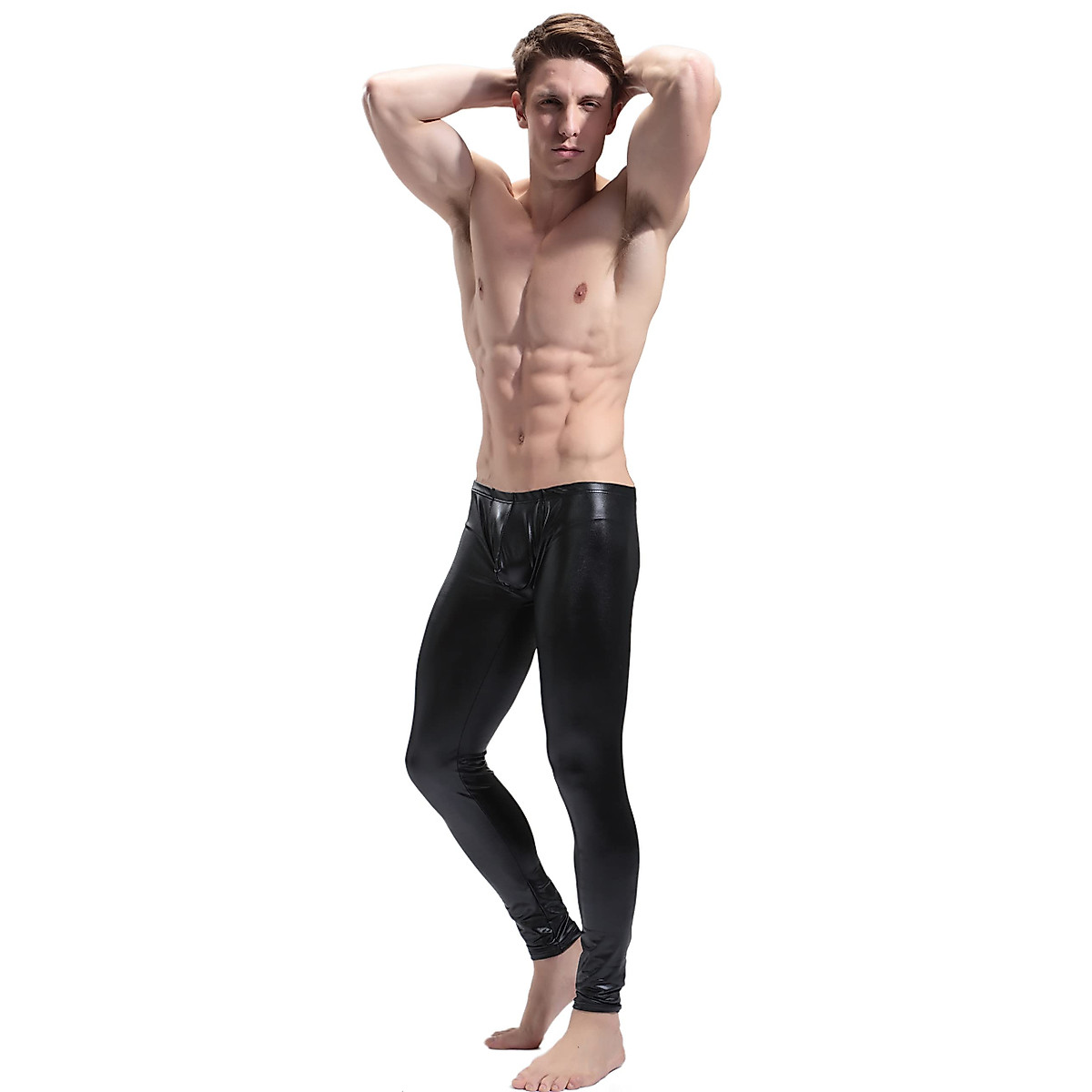 BaronHong Men's Faux Leather Tight Pants Man Night Club Metallic Leggings Long Trousers(black,M)