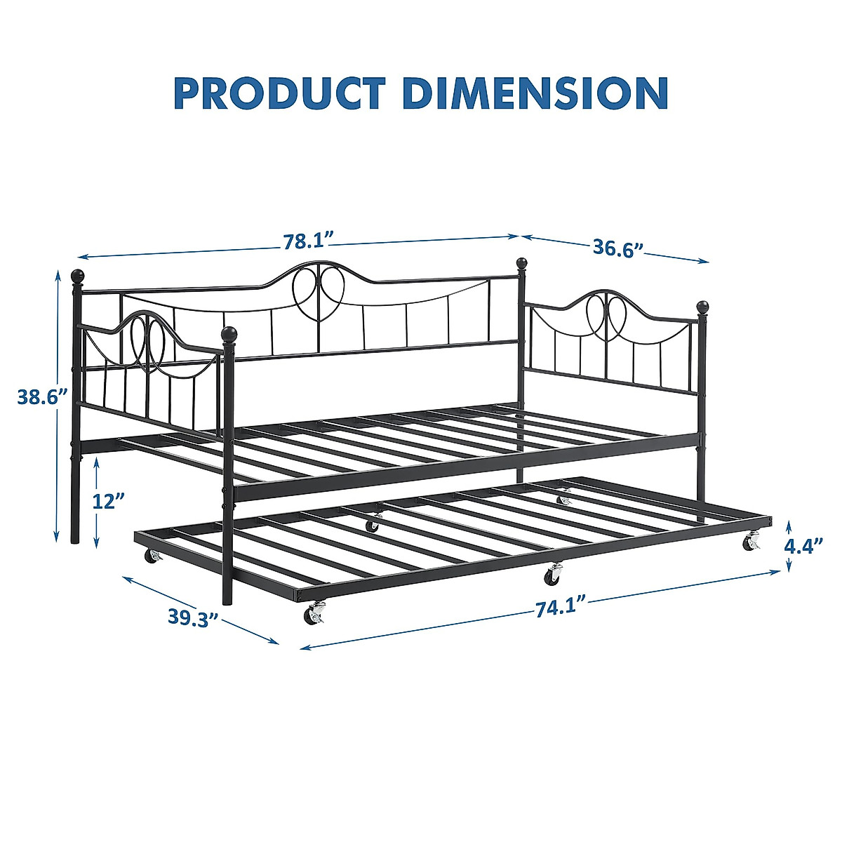 IDEALHOUSE Twin Bed with Trundle, Twin Daybed Metal Guest Sofa Bed Frame for Living Room, Bedroom, Heavy Duty, No Box Spring Needed, Space Saving, Black