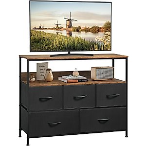 AMISEN Dresser Drawers TV Stand, Entertainment Center with Shelves, Storage Console Table with 5 Fabric Drawers for Bedroom, Living Room, Entryway, Hallway, Grey