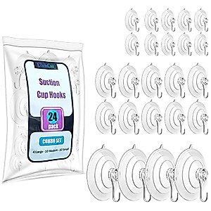 ETwinCoo 24 Pack All-Purpose Suction Cups Hooks Combo Set of Strongest Window Suction Cups with Hooks (4 Large, 10 Medium, 10 Small)