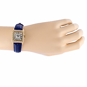 Peugeot Women's 14K Gold-Plated Tank Crystal Bezel Roman Numeral Blue Leather Band Watch 3052BL