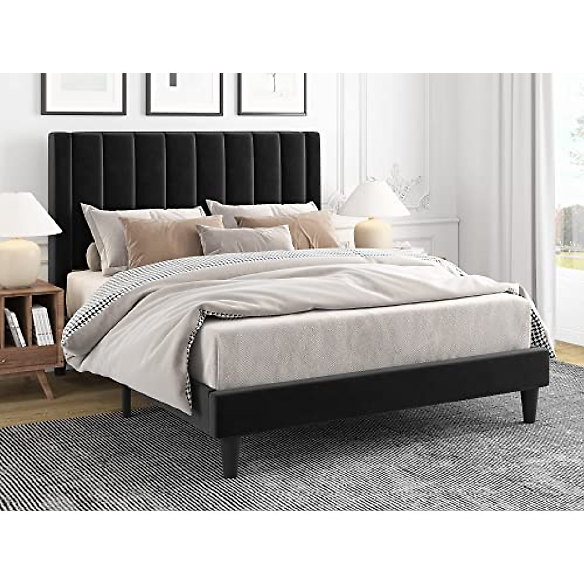 IMUsee Queen Size Velvet Upholstered Tufted Platform Bed Frame with headboard, Strong Wooden Slats, Box Spring Optional, Mattress Foundation, Easy Assembly, Black