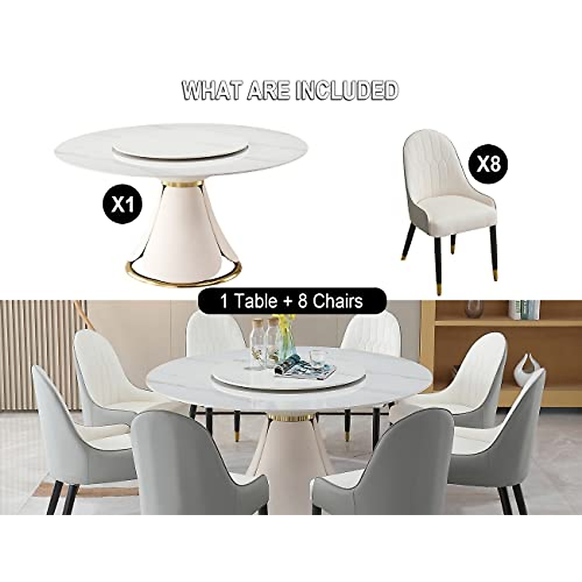 Leavader 9-Piece Dining Table Set - 59" Round Dining Table with Rotating Tray, 1 Faux Marble Dining Table & 8 PU Leather Chairs, Morden Round Stone Dining Table Set for Kitchen, Resterant