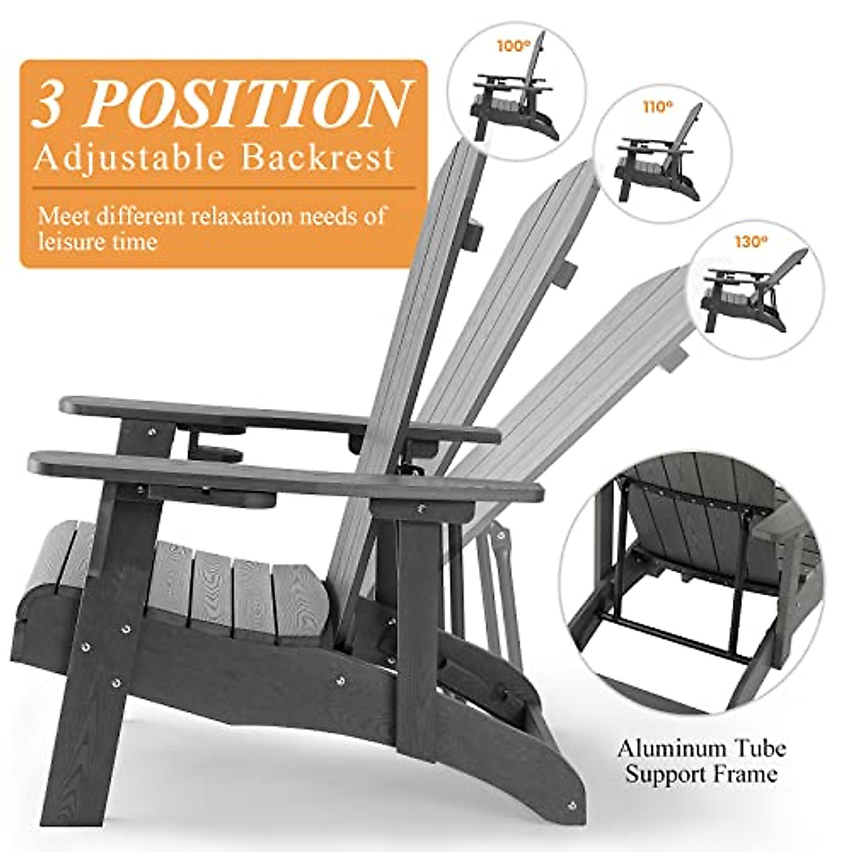 Leteuke Adirondack Chair with Ottoman, Oversized Adirondack Chair with Adjustable Backrest and 2 Cup Holder, Weather Resistant Adirondack Chair for Patio, Outdoor, Fire Pit, Garden, Deck, Dark Gray