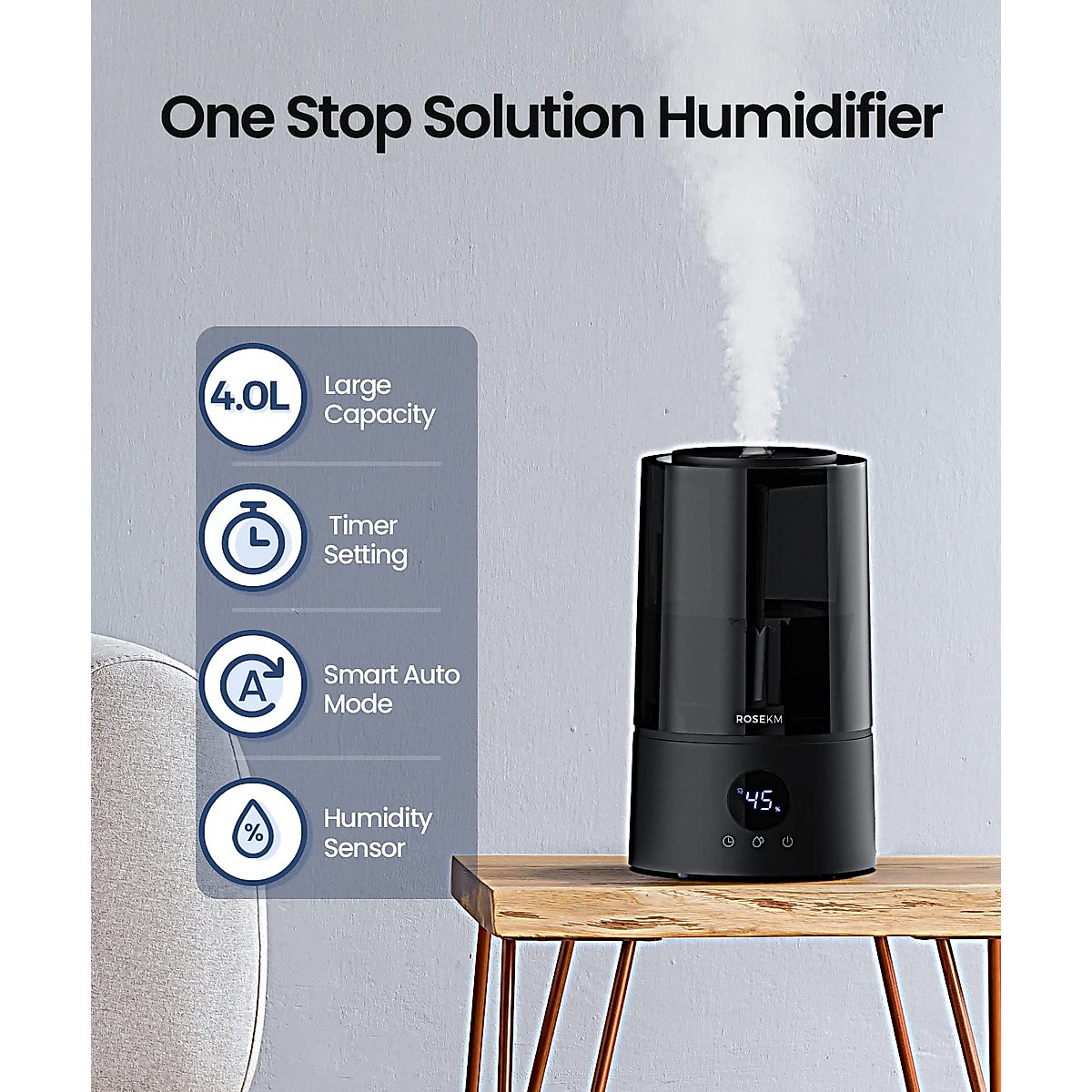Humidifiers for Bedroom, 4.0L Humidifiers for Home Large Room, Cool Mist Humidfiers for Baby and Plant, Smart Auto Humidification, Timer, Filter Free(Black)