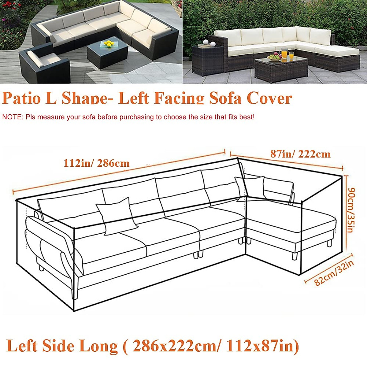 Skyour Patio Furniture Sectional Couch Sofa Cover Gray Weatherproof Heavy Duty 420D Oxford Outdoor L Shaped Sectional Garden Rattan Corner Sofa Furniture Protector Covers (Left Side Long: 112x87in)