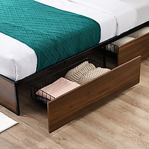 Prohon Queen Size Bed Frame with 4 Extra Large Storage Drawers on Wheels, Strong Steel Slat Support, Space-Saving Metal Platform Bed, Bedframe for Adults, Teens & Kids, No Box Spring Needed, Brown