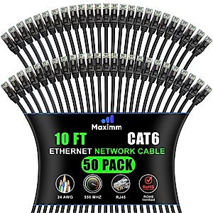 Maximm Cat 6 Ethernet Cable 10 Ft, (50-Pack) Cat6 Cable, LAN Cable, Internet Cable, Patch Cable and Network Cable - UTP (Black) 10 Feet ethernet Cord