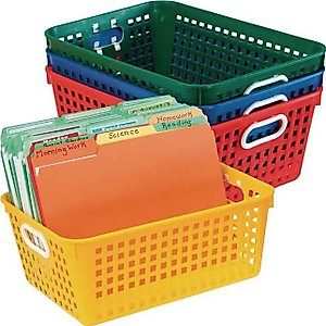 Really Good Stuff Plastic Storage Baskets for Classroom or Home Use – Stackable Mesh Plastic Baskets with Grip Handles – Assorted Primary Colors – 13" x 10" (Set of 4)