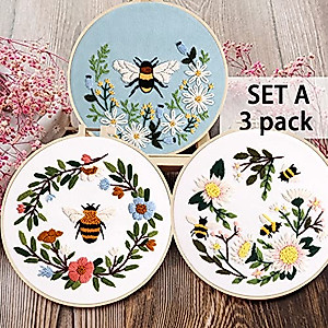 Lukinbox Embroidery Starter Kit for Beginners, 3 Sets Cross Stitch Kits for Adults, Include Embroidery Clothes with Cute Bees and Flowers Patterns, 1 Embroidery Hoop, Threads, Needles and Instruction