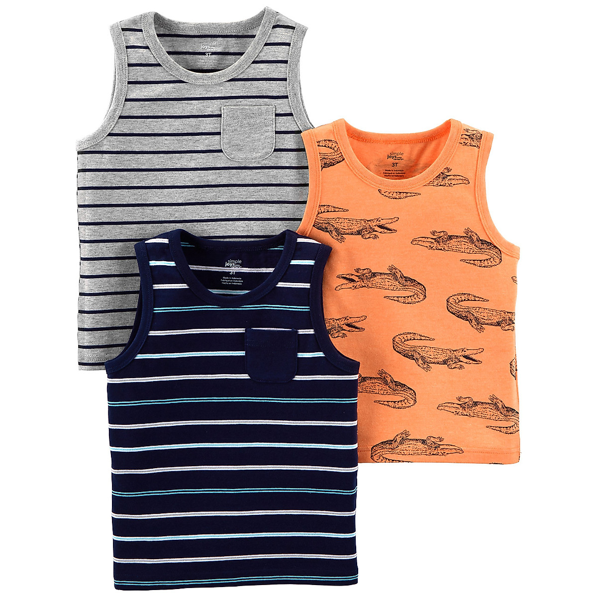 Simple Joys by Carter's Toddler Boys' Tank Tops, Pack of 3, Blue/Orange/Grey, Stripe/Alligator, 3T