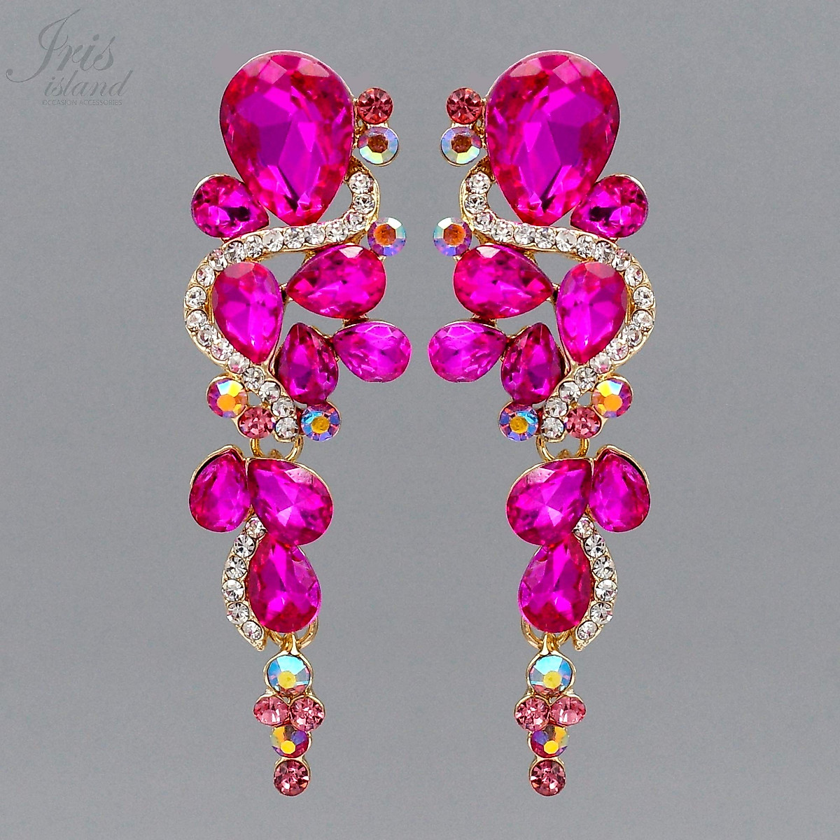 Iris Island Womens Fuchsia Pink Crystal Rhinestone drop Dangle Earrings Gold Plated For Pageant Proms Wedding Party
