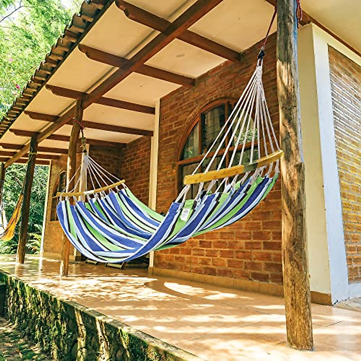 Lxoohy Portable Patio Double Hammock with Travel Bag, 2 Person Outdoor Hammock with Foldable and Curved Spreader Bar, D Rings and Tree Straps for Camping, Picnic, Backyard, Green Blue