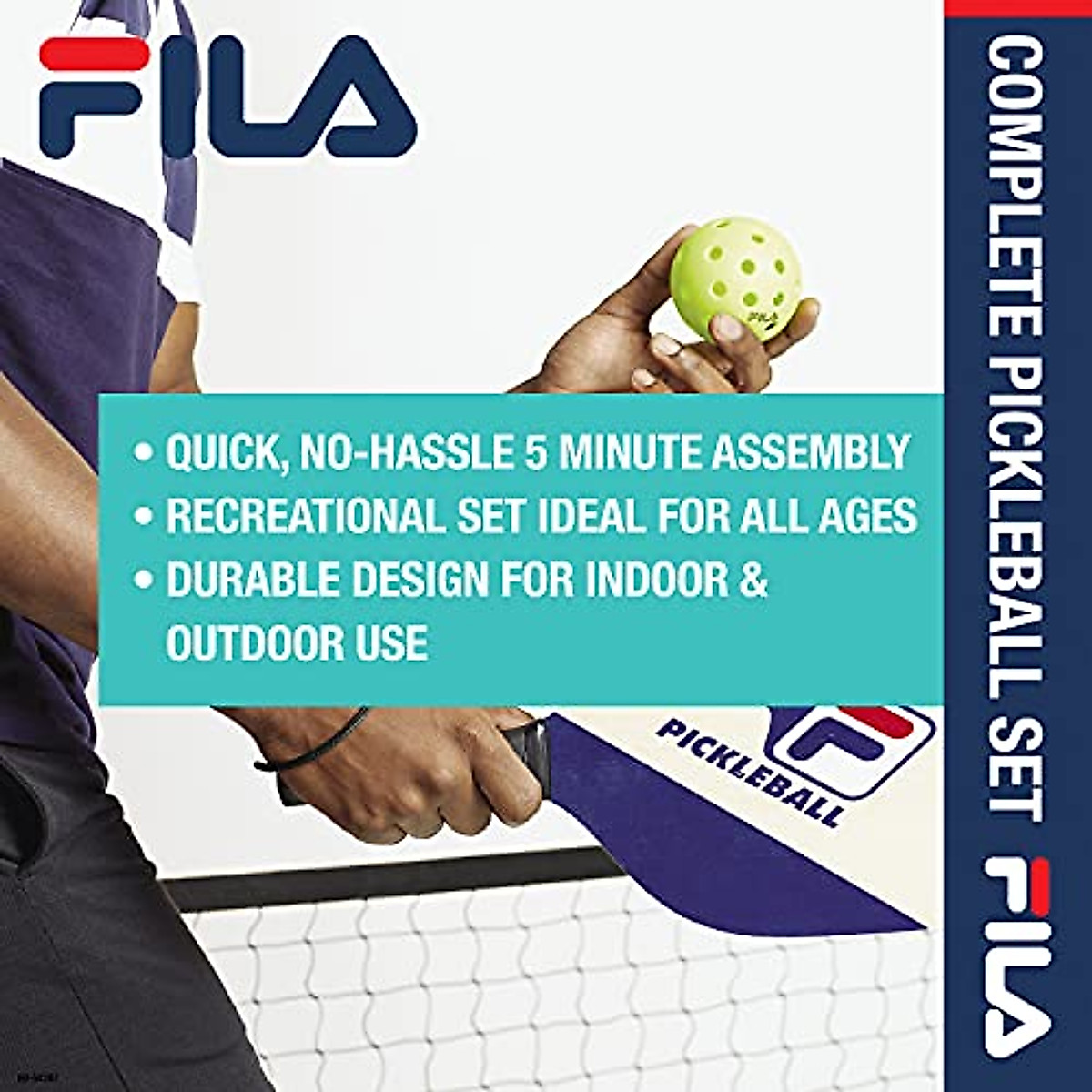 FILA Accessories Pickleball Net Set - Includes Pickleball Paddles Set of 4 with Regulation Size 4 Outdoor Balls & 10ft All Weather Mesh Net for Indoor or Outdoor Use - Lightweight, Quick & Easy Setup