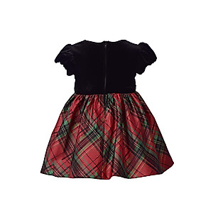 Bonnie Jean Holiday Christmas Dress - Classic Plaid with Velvet with Hair Accessories, Short Sleeve Headband, 3-6 Months
