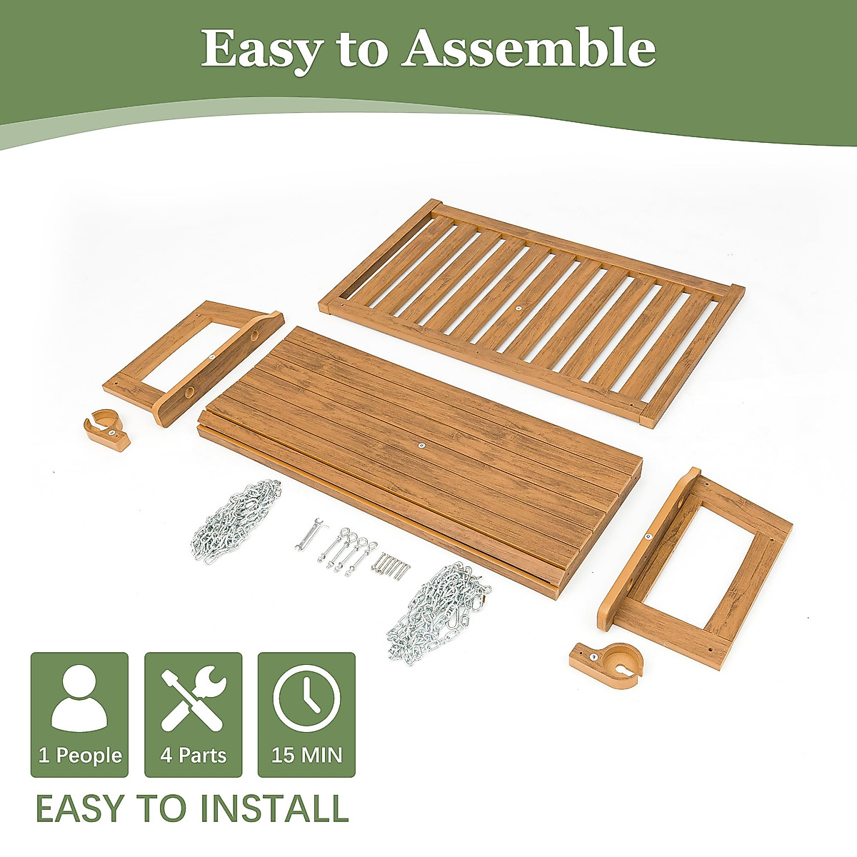 Poly Lumber Porch Swing with Cup Holders, 18/8 Stainless Steel Hanging Chains and Hardware, High Backrest and Deep Contoured Seat, Heavy Duty 900 LBS, All-Weather Resistant Bench Swing (Brown)