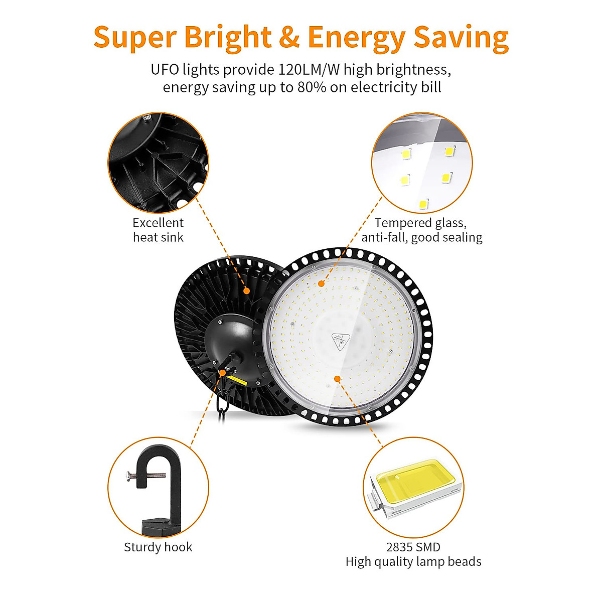 LED High Bay Light, 200W UFO LED High Bay Lights, 24000LM 5000K LED Shop Lights with US Plug 5' Cable Bay Lights, IP65 Warehouse Light, Area Light Bay Lighting for Shop Garage Warehouse Workshop(2)