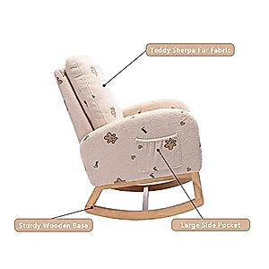 Setawix Rocking Chair for Nursery, Midcentury Modern Accent Rocker Armchair with Side Pocket, Upholstered High Back Wooden Rocking Chair for Living Room Baby Room Bedroom（Beige Bear）