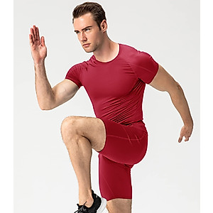 Red Compression Shirts Men Short Sleeve Workout Gym T-Shirt Running Tops Cool Dry Sports Base Layer Undershirts