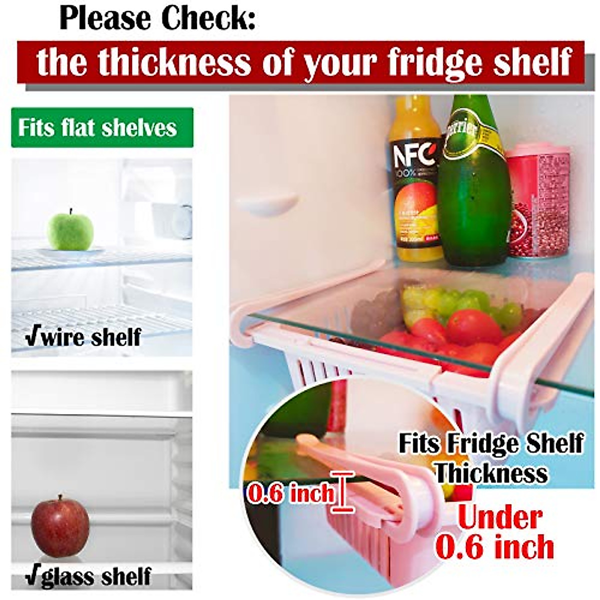 Fridge Drawer Organizer, 3 Pack Retractable Drawer Refrigerator Storage Box, Small Under Fridge Shelf Baskets, Pull Out Bins, Fridge Shelf Holder Storage Box,Fit for Fridge Shelf Under 0.6 inch Thick