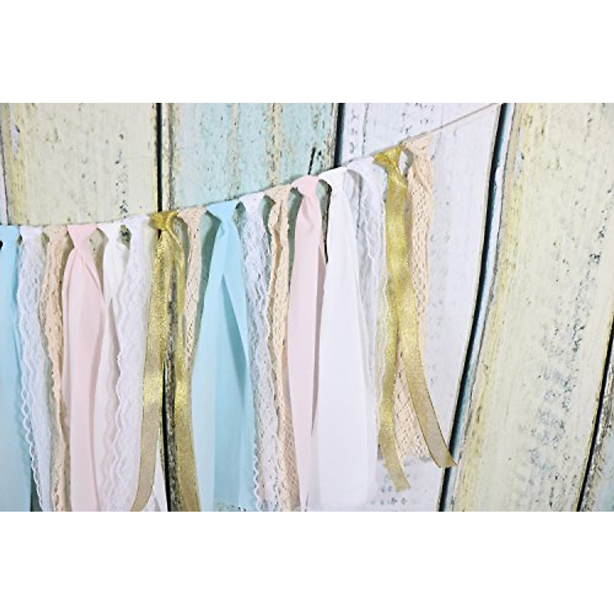 Fabric Tassel Garland Rag Tie Garland Shabby Chic Blush Banner for Wedding Decor Baby Shower Party Decor Home Decor Wall Hanging Boho Decor Birthday Banner (Pink+Gold+Blue)