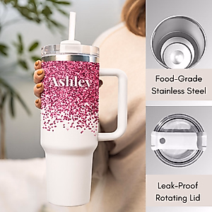 Personalized 40 oz Tumbler With Handle And Straw Lid Glitter - Dishwasher Safe Stainless Steel Insulated Travel Mug - Custom Name Tumbler Gift For Women Mom Friend Teacher Nurse Her Birthday Christmas