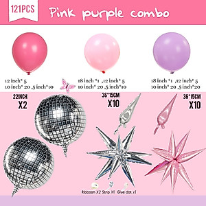 Pink and purple balloon arch Kit with Mylar star Disco Ball Balloon Garland for music fans theme teenage girl Birthday Party Prom Decorations (Pink purple silver)