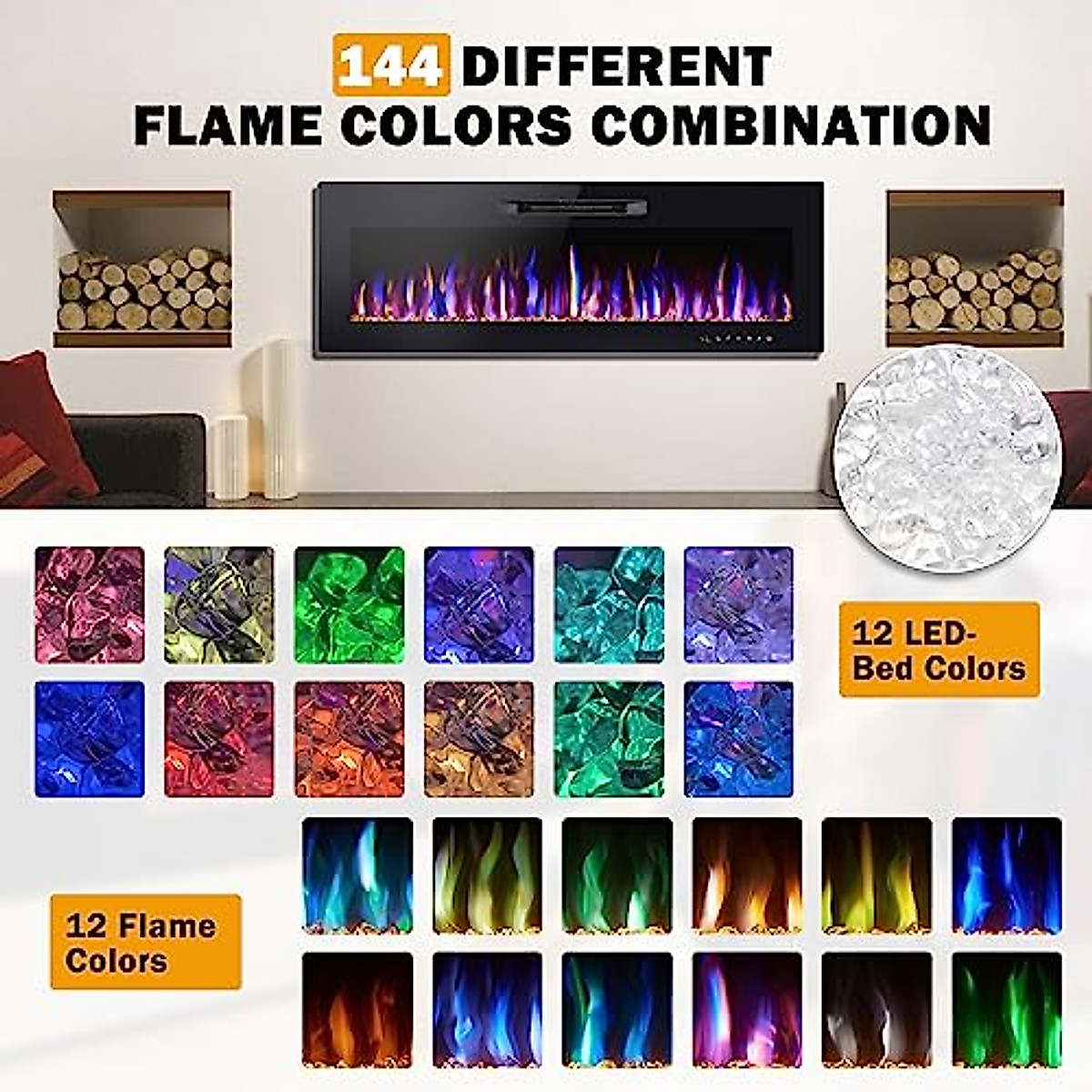 BETELNUT 50" Electric Fireplace Wall Mounted and Recessed w/144 Combination Colors & 5 Brightness,750/1500W Fireplace Heater w/Timer,Low Noise,Remote Control & Touch Screen,Log Set & Crystal Option
