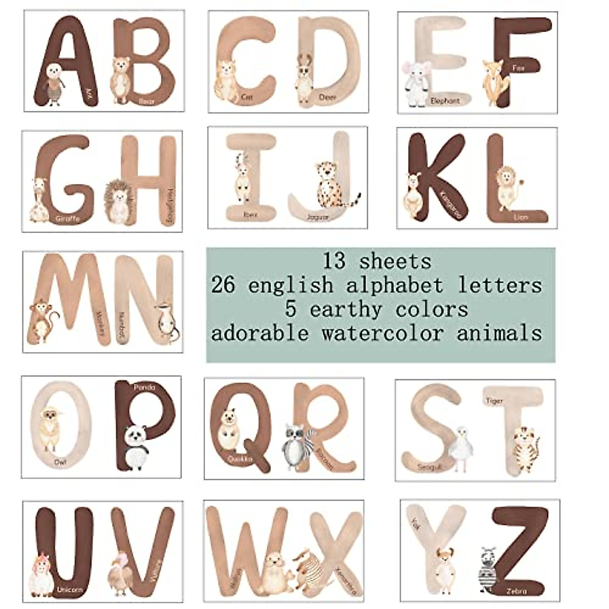 Neutral Animal Alphabet Wall Decals - 6-inch large alphabet letters for wall | 26 English abc wall stickers for kids featuring cute watercolor animals | Perfect abc wall decor for neutral nursery, earthy playroom, or boho classroom decor