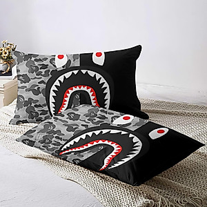 LZZIT Shark Mouth Camo Bedding Set Boys Shark Mouth Camo Duvet Cover and Pillow Cases 3 Pieces,Queen Comforter Cover Set, Full