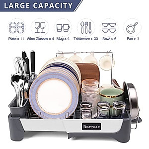RBAYSALE Dish Drying Rack, Large Dish Rack Expandable Stainless Steel Dish Drainer with Wine Glass Holder, Utensil Holder, Cutting Board Holder Kitchen Organizer for Kitchen Counter