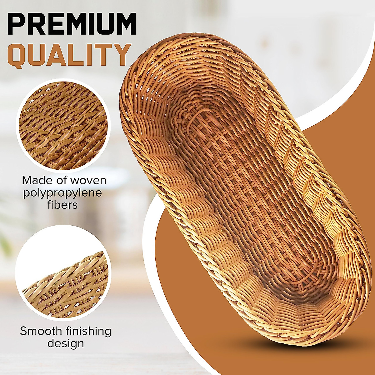 Kovot Wicker Bread Basket - 14.5" Woven Polypropylene Basket – For Food Display and Serving – Snack Organizer Basket
