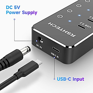 RSHTECH 7-Port Powered USB 3.2/USB C Hub with 10Gbps USB-A 3.2, 2 USB-C 3.2, 4 USB 3.0 Ports, Individual Touch Switches, 3.3ft Cable and 5V Power Adapter, USB Hub Splitter for Laptop/PC, RSH-ST07C