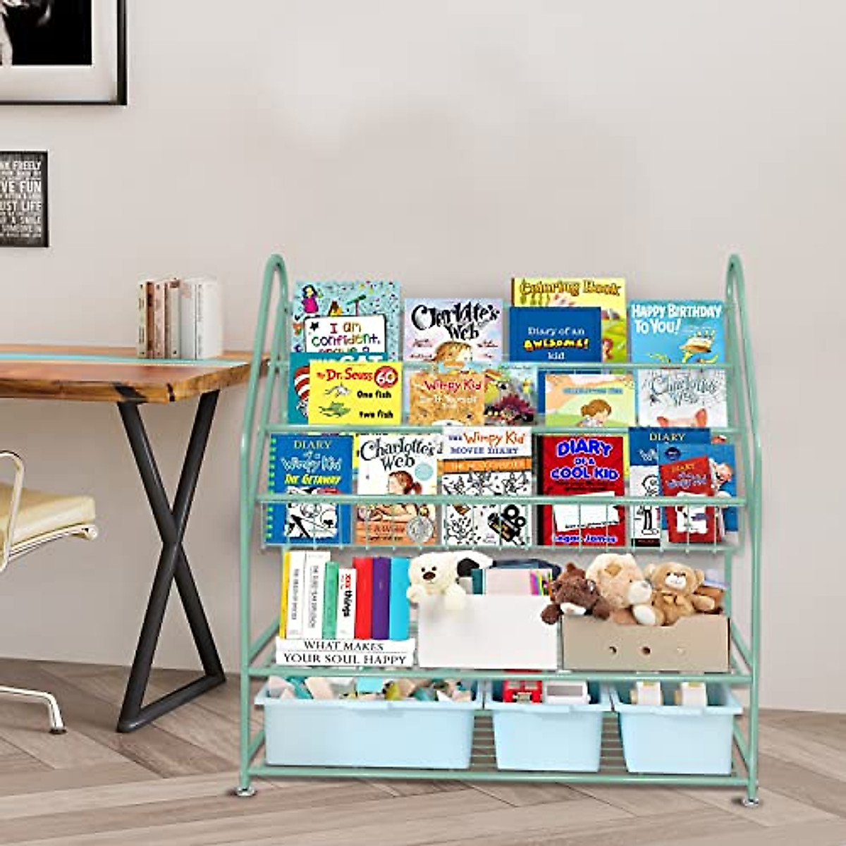 aboxoo Metal Kids Bookshelf Green Freestanding for Children Room 32 in Toy Organizer Large White Stable Bookcase Bookstore Living Room Bed Room Library Book Unit Storage