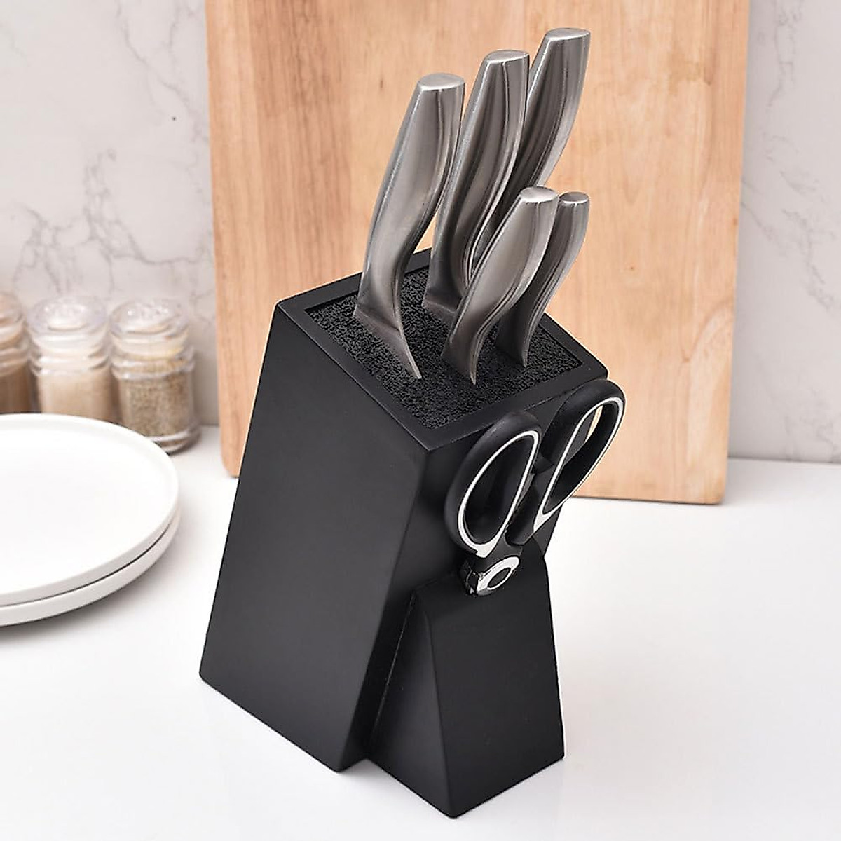 Luxshiny Storage Block Kitchen Holder Universal Wooden Block Organizer Without Knives Household Multifunctional Rack (Black)