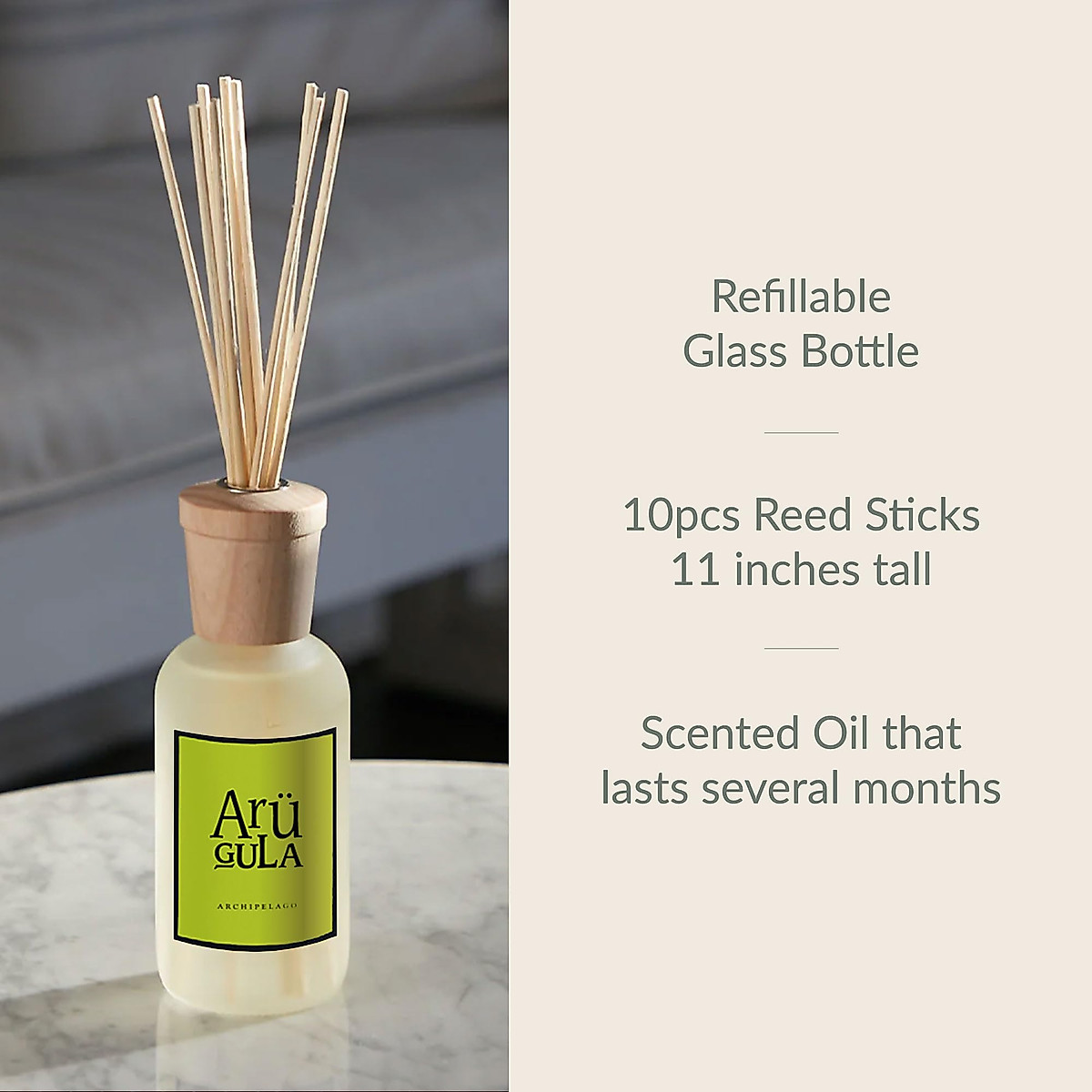Archipelago Botanicals Arugula Reed Diffuser, Home Fragrance Reed Diffuser, Includes Fragrance Oil, Decorative Wooden Cap & 10 Diffuser Reeds, Perfect for Home, Office or Gift, 7.85 fl oz