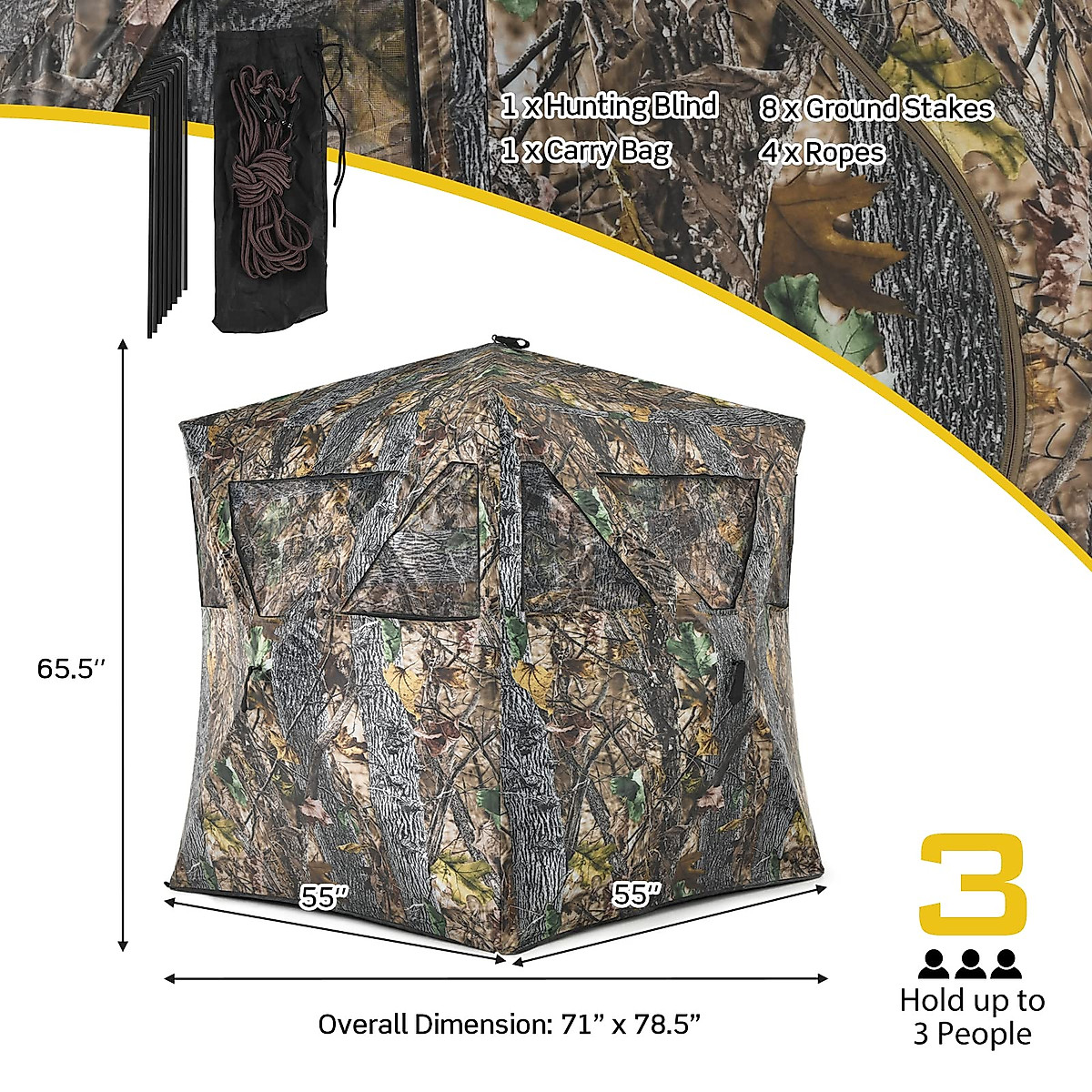 HAPPYGRILL Portable Hunting Blind with 360 Degree Mesh Windows, Pop up Camouflage Hunting Tent with Carrying Bag & Ground Stakes