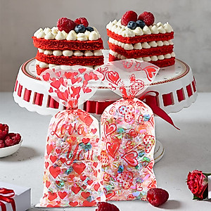 Boerni Valentine Cellophane Plastic Candy Cookie Treat Goodies Gift Heart Bags 120pcs And Gold Twist Ties for Valentine Party Supplies